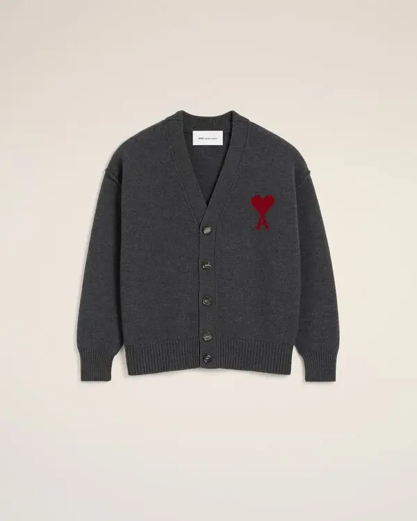 AMI Paris Grey Wool Cardigan With De Coeur Logo - Heather Grey/red