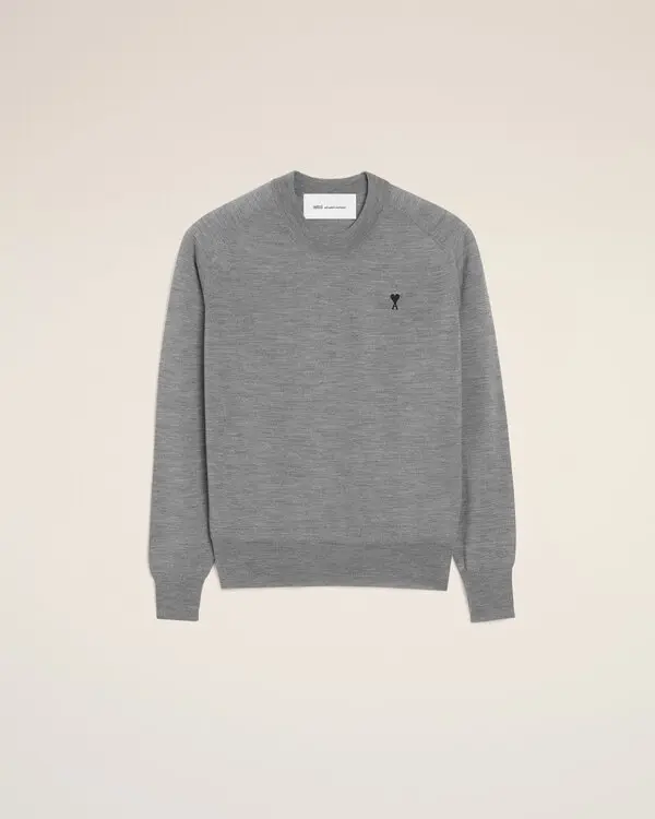 Ami Grey Wool De Coeur Crewneck Sweater - Heather Grey / Black
