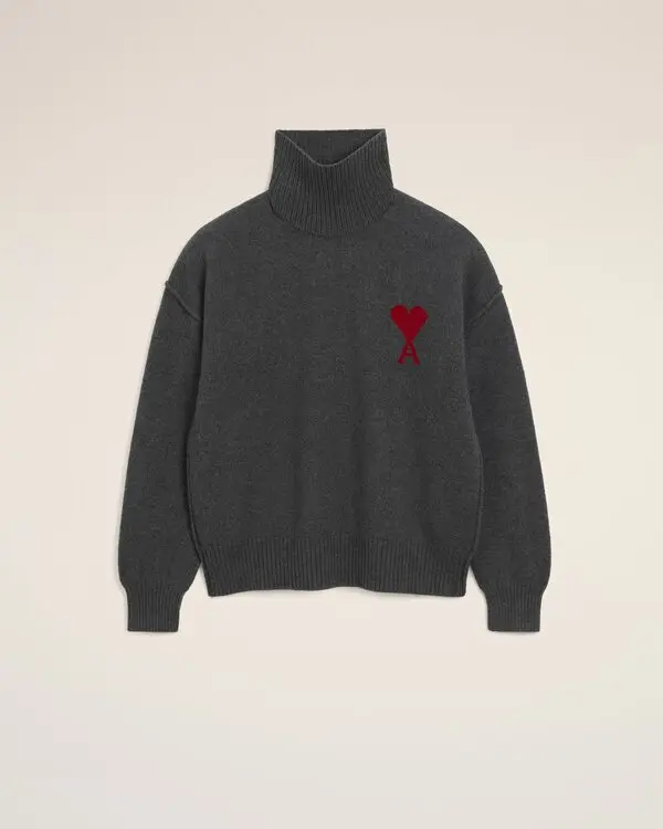 AMI Paris Grey Funnel Neck Wool Sweater With De Coeur - Heather Grey/red