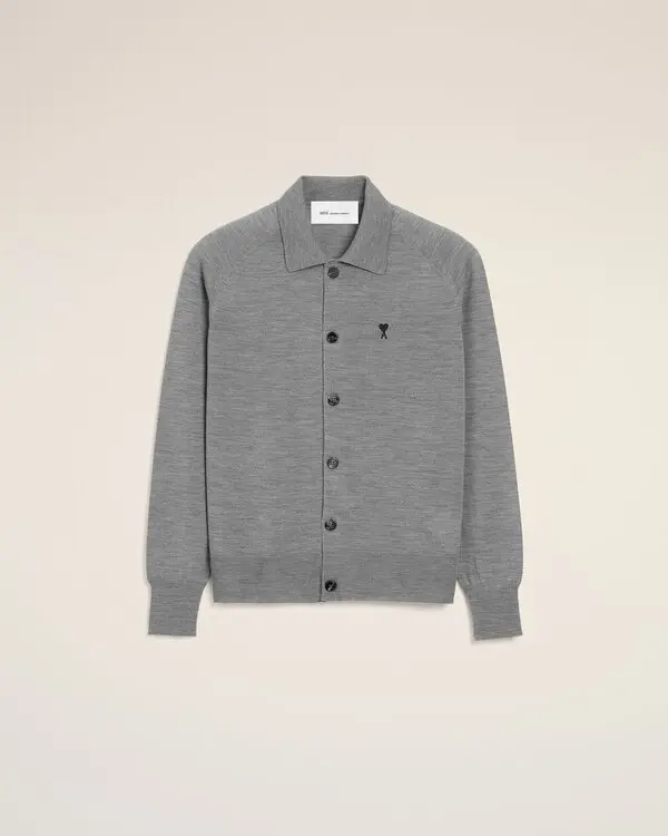 Ami Merino Wool Cardigan With De Coeur Embroidery - Heather Grey / Black