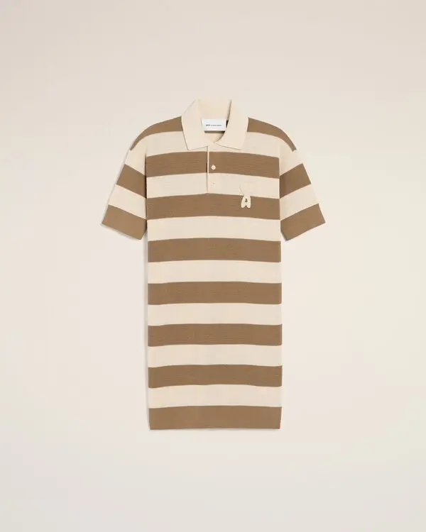 Ami Striped Cotton Knit Polo Dress - White Cream/taupe Beige