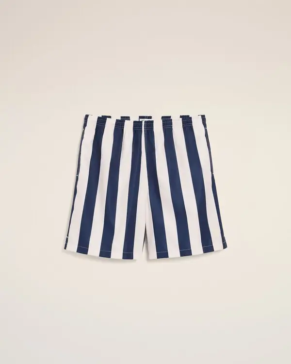 Ami Long Striped Swim Shorts - White Cream/ink