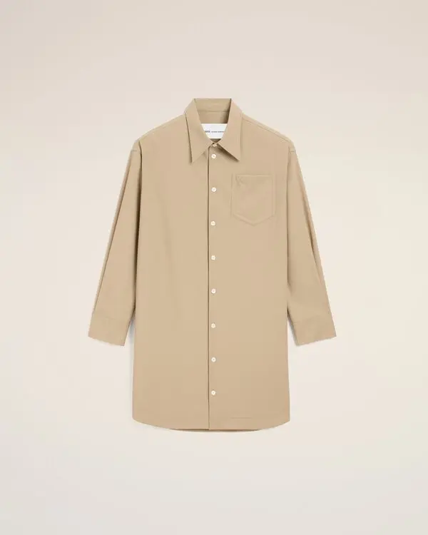 Ami Wool Gabardine Wide Shirt Dress - Taupe Beige
