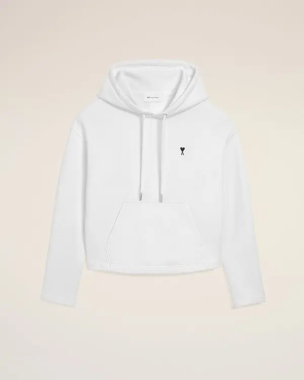 AMI Paris Cropped Cotton Hoodie With De Coeur Embroidery - White