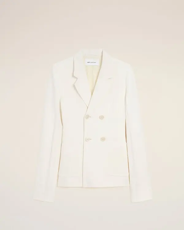 Ami White Linen Double-breasted Bar Jacket - White Cream