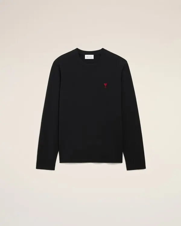 AMI Paris Cotton Long Sleeve T-shirt With De Coeur Embroidery - Black