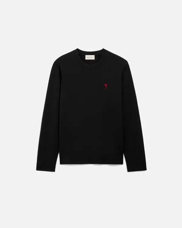 AMI Paris Cotton Long Sleeve T-shirt With De Coeur Embroidery - Black