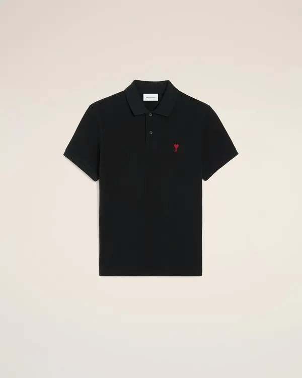 Ami Cotton Polo Shirt With De Coeur Embroidery - Black
