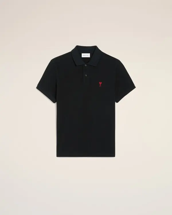 AMI Paris Cotton Polo Shirt With De Coeur Embroidery - Black