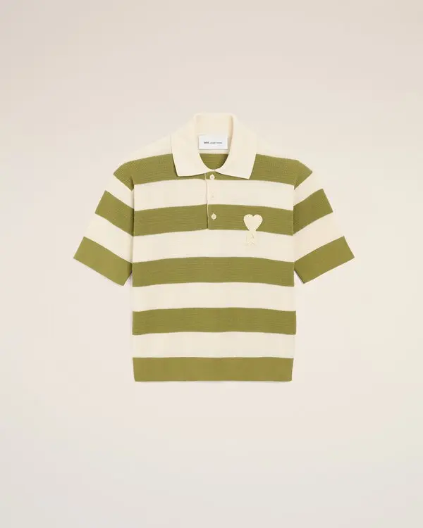 Ami De Coeur Striped Knit Polo - White Cream/matcha