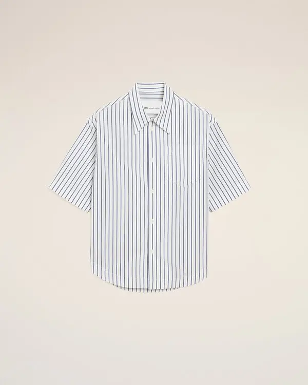 Ami White Striped Cotton Short Sleeve Shirt - White/ink