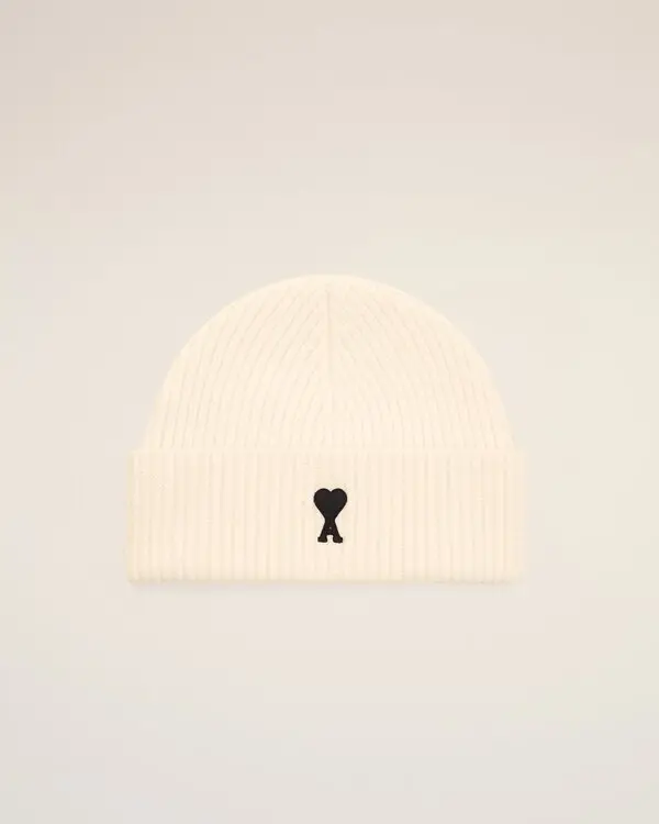 Ami White Wool De Coeur Beanie White - Off White/black