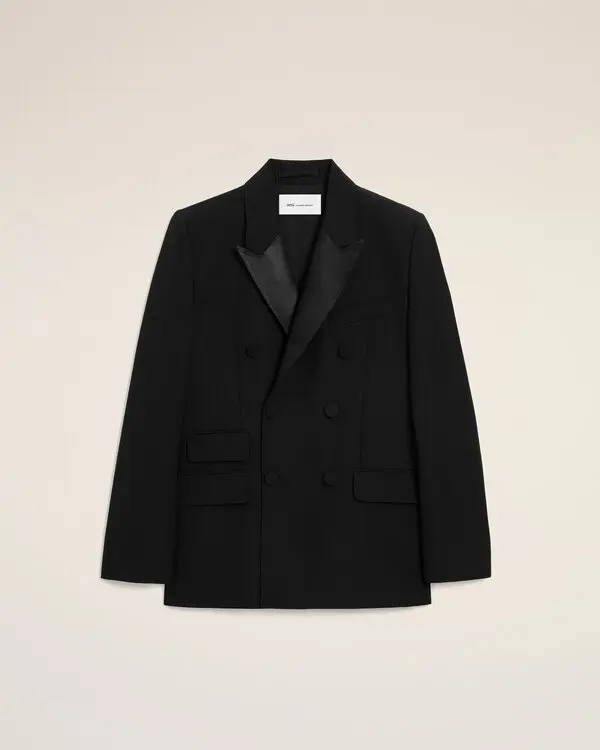 Ami Double Breasted Wool Jacket With Satin Lapel - Black