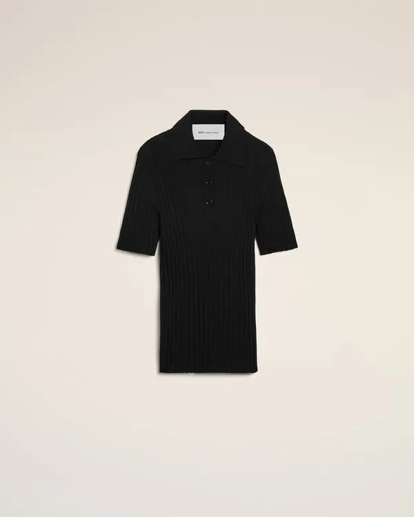 AMI Paris Ribbed Knit Short Sleeve Polo - Black