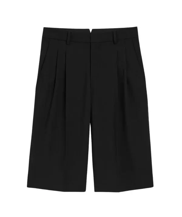 AMI Paris High Waist Wide Leg Wool Gabardine Bermuda Shorts - Black