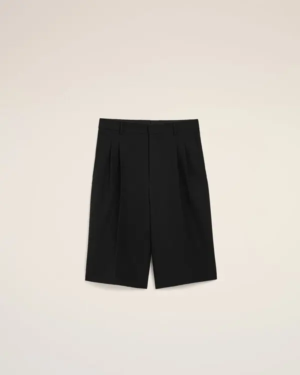 AMI Paris Wool Gabardine Wide Leg Bermuda Shorts - Black