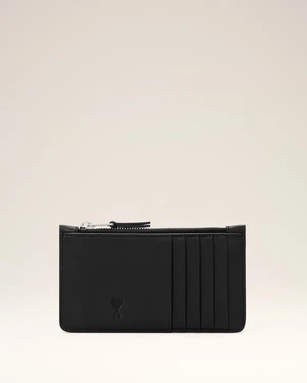 AMI Paris Zipped Cowhide Leather Card Holder With De Coeur - Black