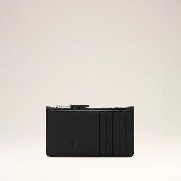 AMI Paris Zipped Cowhide Leather Card Holder With De Coeur - Black