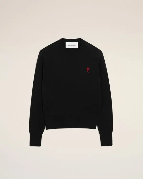AMI Paris Black Wool Sweater With De Coeur Embroidery - Black/red