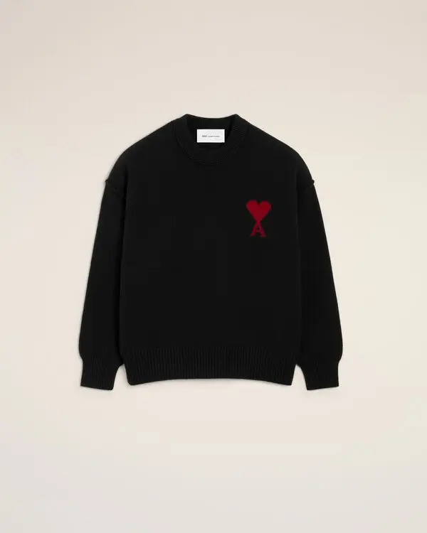 AMI Paris Black Wool Sweater With De Coeur Embroidery - Black/red