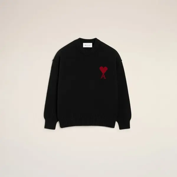 AMI Paris Black Wool Sweater With De Coeur Embroidery - Black/red