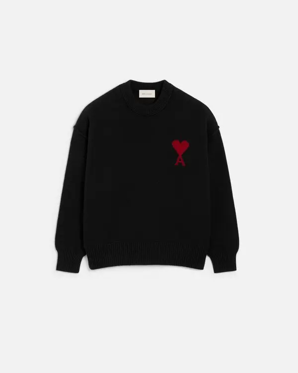 AMI Paris Black Wool Sweater With De Coeur Embroidery - Black/red