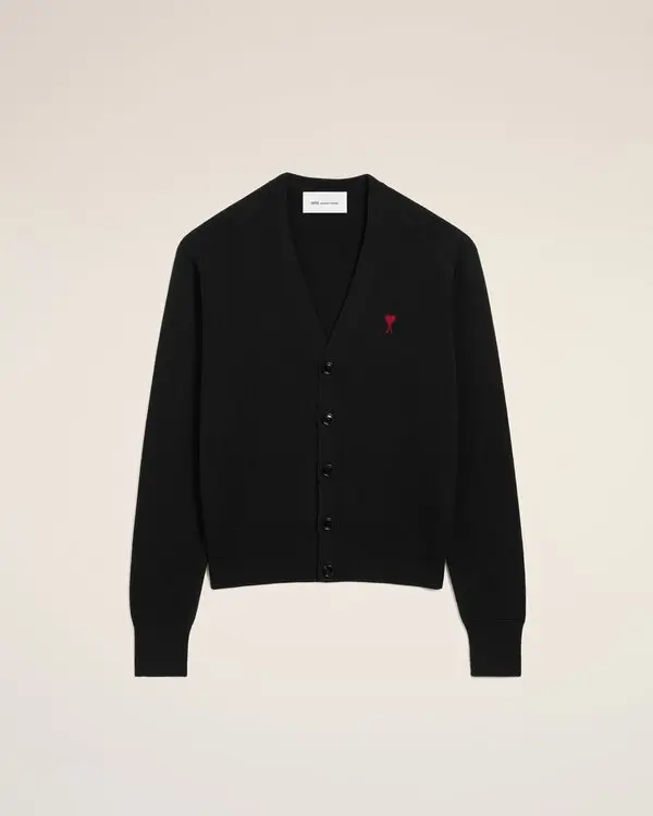 AMI Paris V-neck Wool Cardigan With De Coeur Embroidery - Black/red