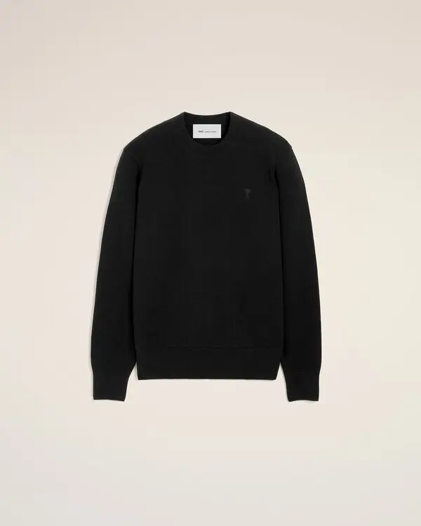 AMI Paris Black Wool Crewneck Sweater With De Coeur Embroidery - Black/black