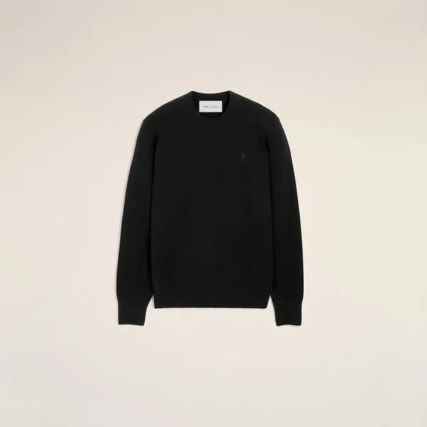 AMI Paris Black Wool Crewneck Sweater With De Coeur Embroidery - Black/black