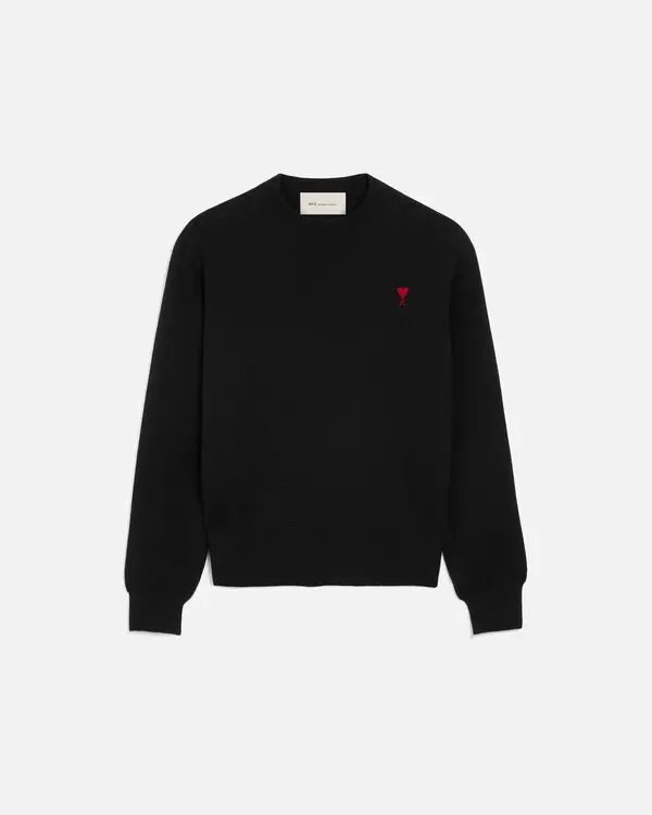 AMI Paris Black Wool Crewneck Sweater With De Coeur Embroidery - Black/red