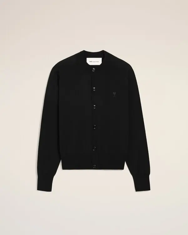 AMI Paris Black Wool Crewneck Cardigan With De Coeur Embroidery - Black/black