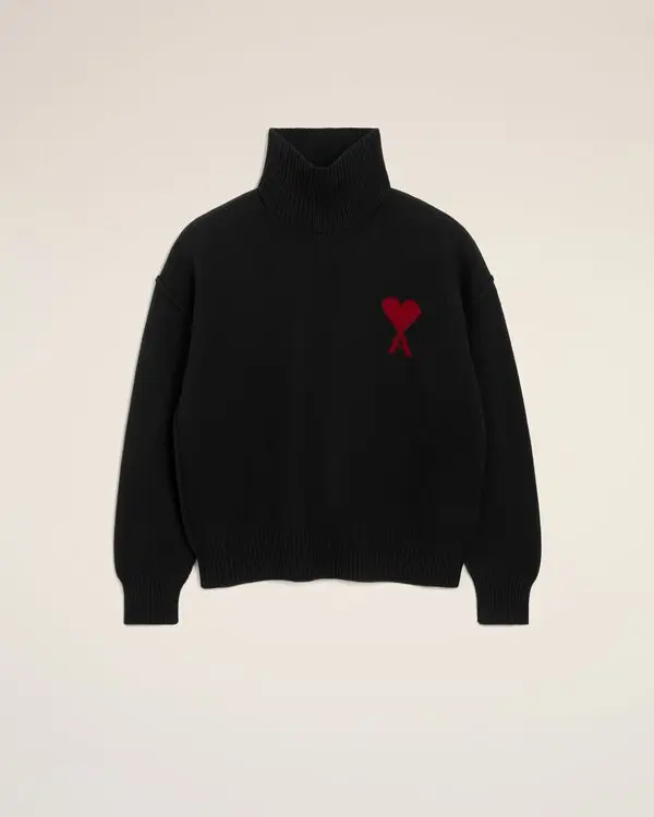 AMI Paris Black Wool Funnel Neck Sweater With De Coeur Detail