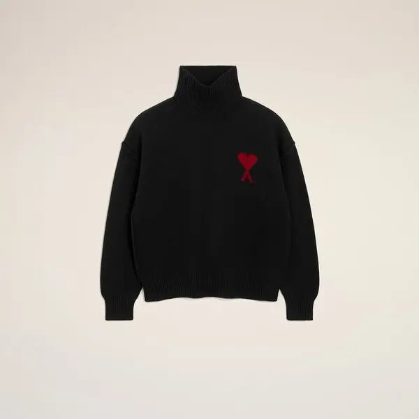 AMI Paris Black Wool Funnel Neck Sweater With De Coeur Detail