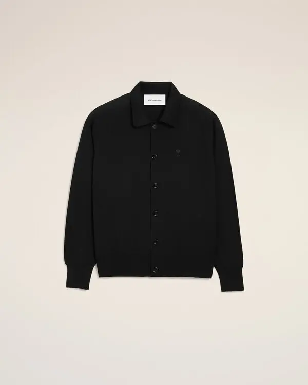 Ami Black Wool Cardigan With De Coeur Embroidery - Black/black