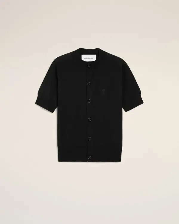 AMI Paris Black Wool Cardigan With De Coeur Embroidery - Black/black