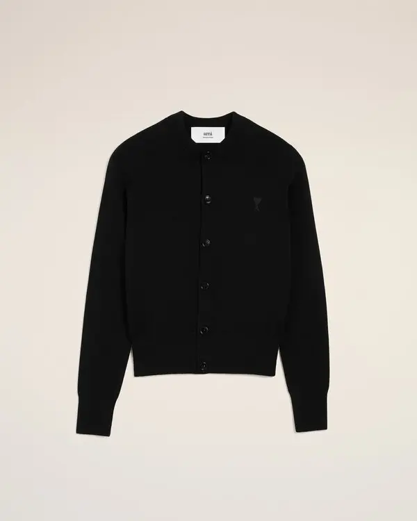 AMI Paris Crewneck Wool Cardigan With De Coeur Embroidery - Black/black