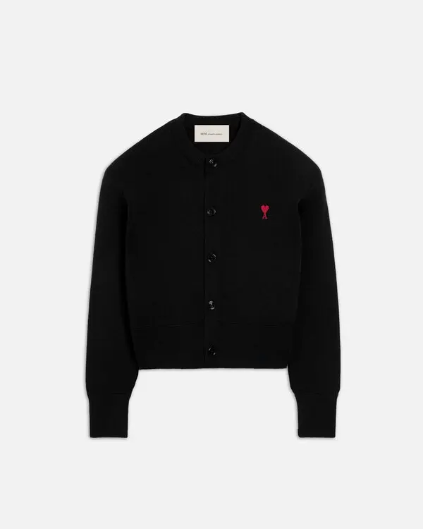 AMI Paris Crewneck Wool Cardigan With De Coeur Embroidery - Black/red