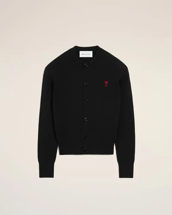 AMI Paris Black Wool Cardigan - Black/red