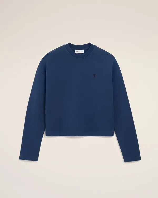 AMI Paris Cropped Cotton Sweatshirt With De Coeur Embroidery - Ink