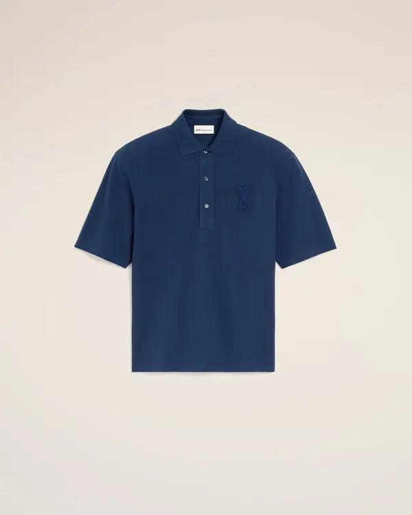 AMI Paris De Coeur Knitted Patch Polo - Ink