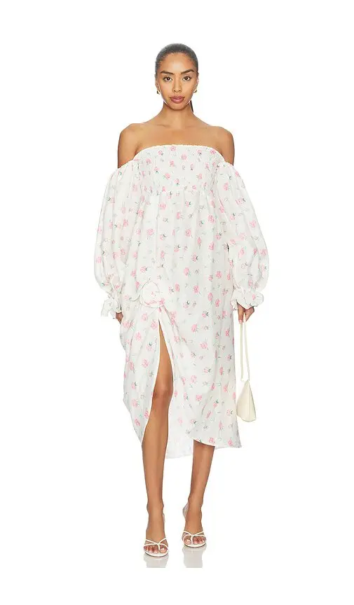 Sleeper Atlanta Linen Dress With Rose Detail - White & Pink