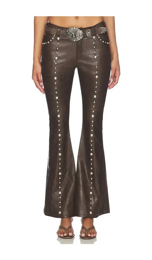 MARKGONG Faux Leather Studded Flared Pants - Brown