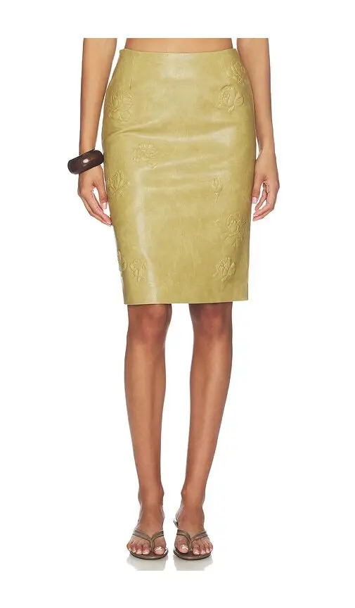 MARKGONG Dust Faux Leather Floral Imprinted Pencil Skirt - Khaki
