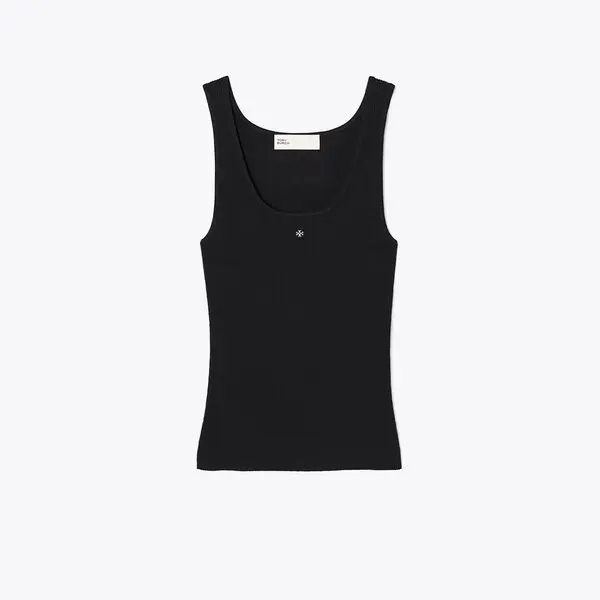 Tory Burch Ribbed Viscose Knit Tank Top With Double T Charm - Black