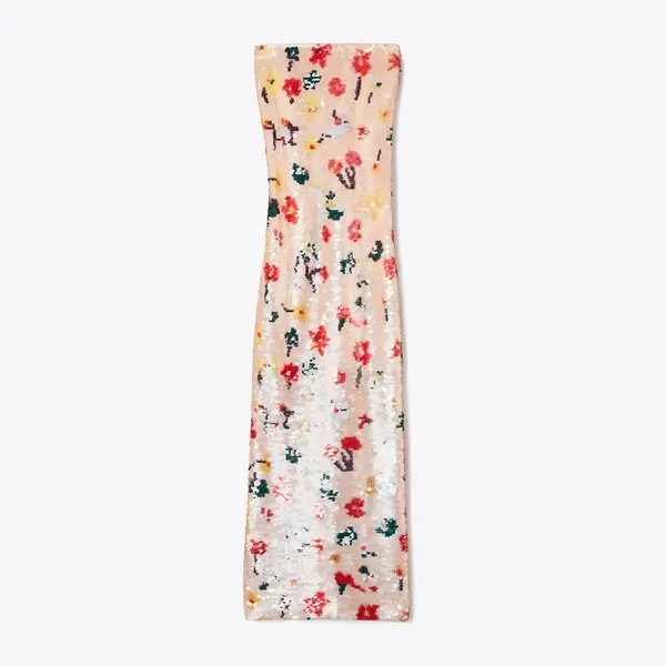Tory Burch Strapless Sequin Column Dress - Pink Floral