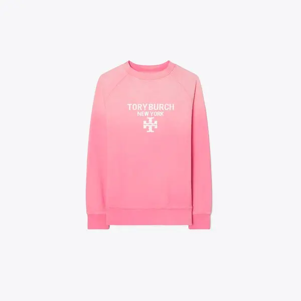 Tory Burch Distressed Cotton Sweatshirt With Logo - Vivid Bubblegum