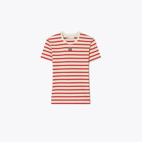 Tory Burch Striped Cotton T-shirt - Light Ivory/flash Red