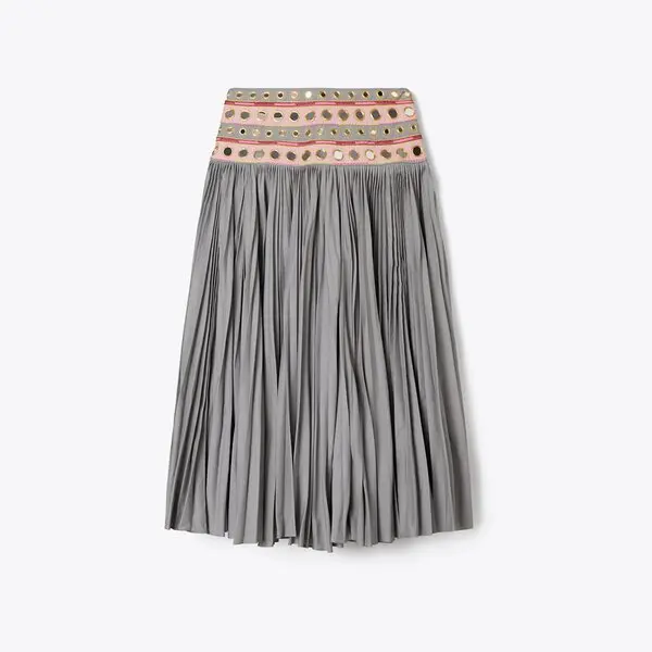 Tory Burch Mirror Embellished Pleated Cotton Skirt - Gray/pink