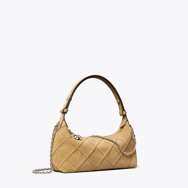 Tory Burch Fleming Suede Pochette With Chain Strap - Stone