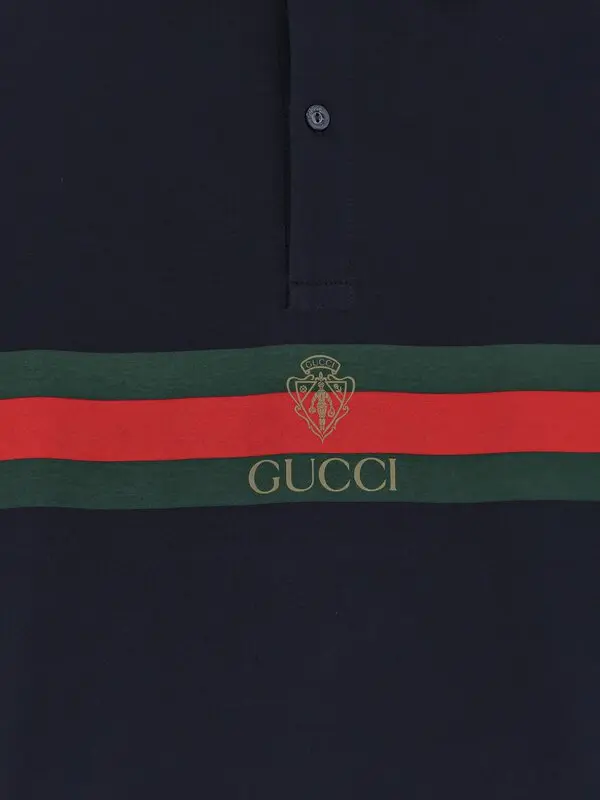 Gucci Cotton Polo Shirt With Web Print On The Front - Blue